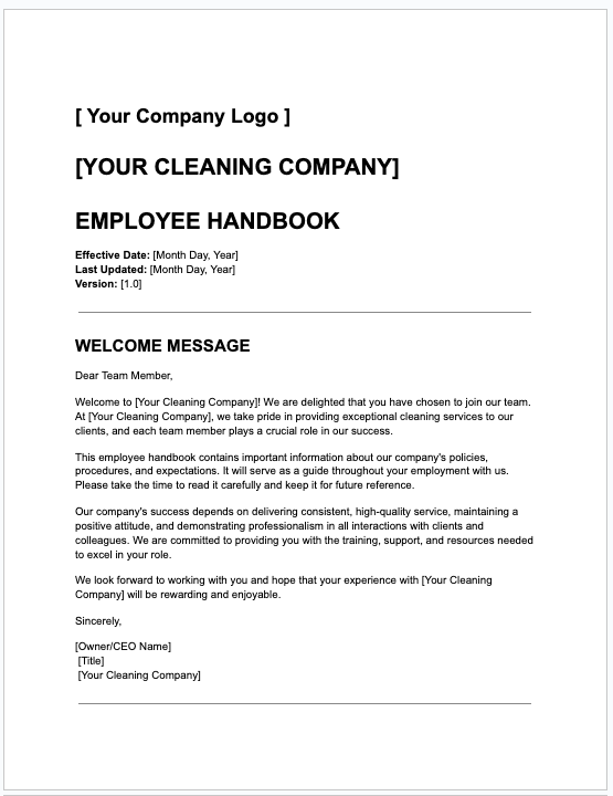 Cleaning Employee Handbook Template