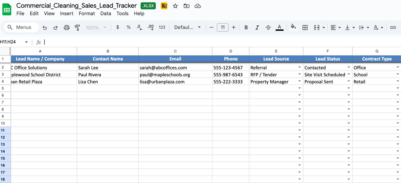 Commercial Cleaning Sales Lead Tracker