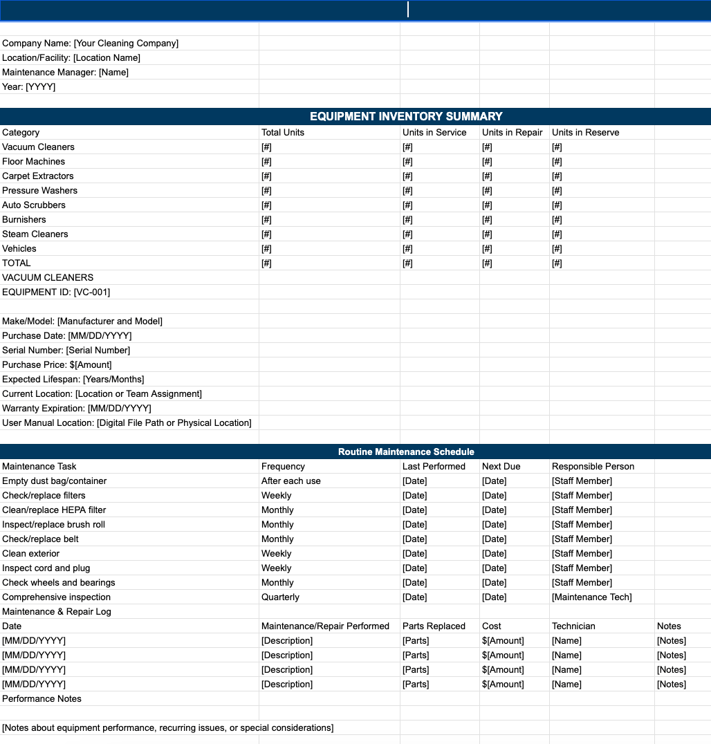 Janitorial Equipment Maintenance Log