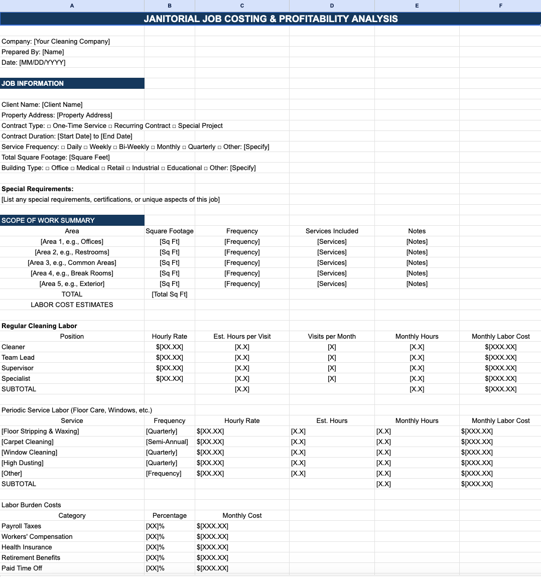 Janitorial Job Costing Template